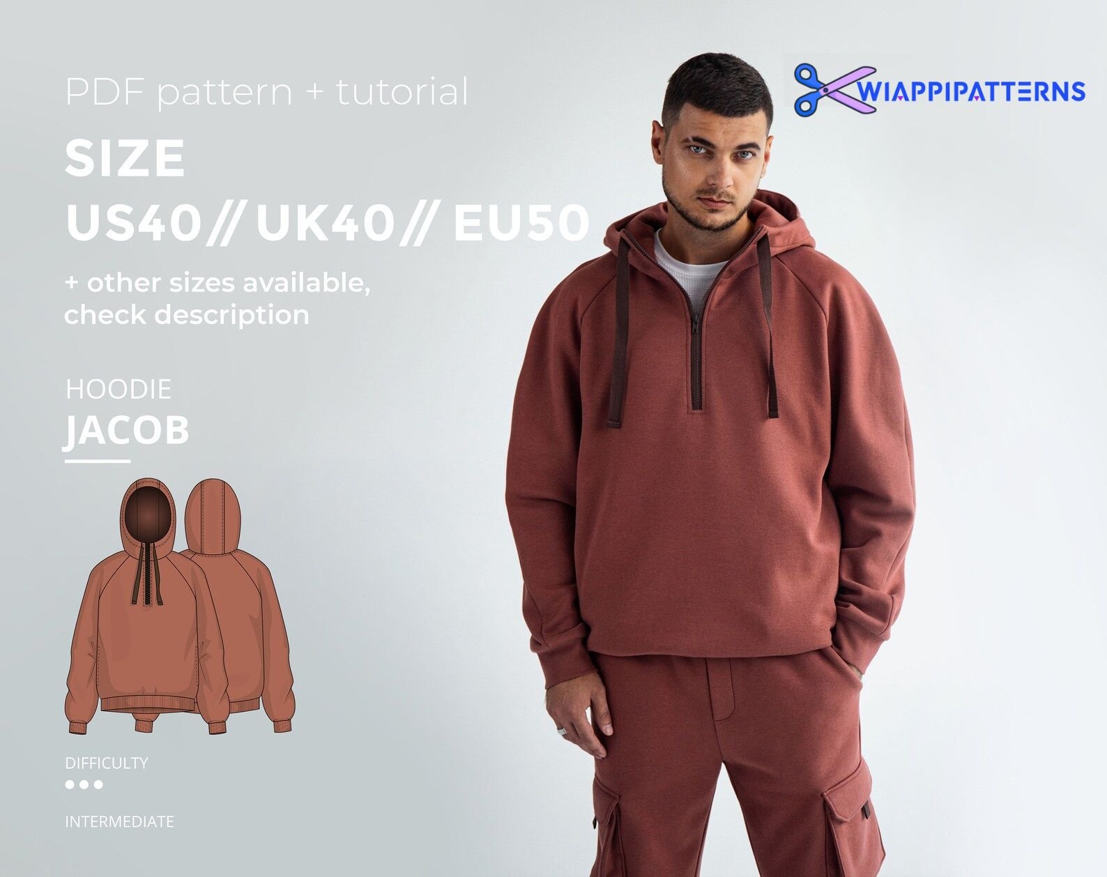 Jacob hoodie sewing pattern with tutorial size US 40 UK 40 EU 50 ...